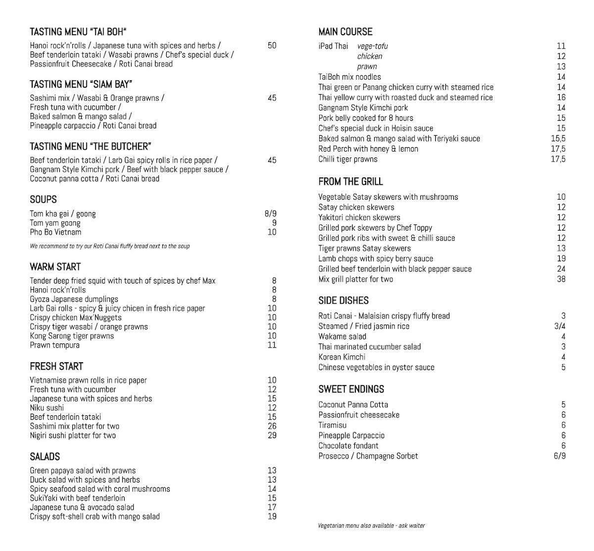 Menu at Restaurant Tai Boh, Tallinn