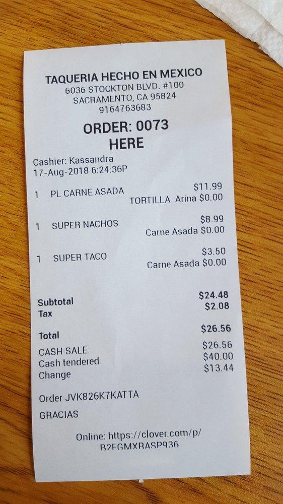 Menu at Taqueria Hecho en México restaurant, Sacramento