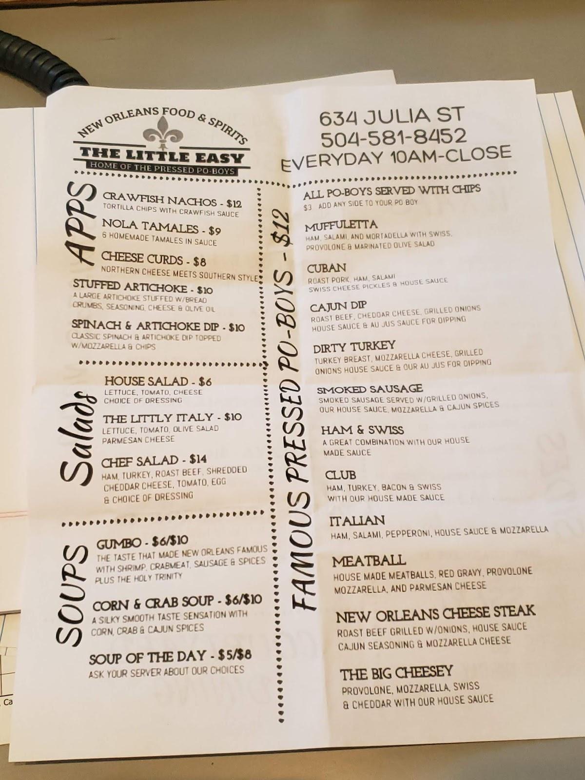 Menu at The Little Easy pub & bar, New Orleans