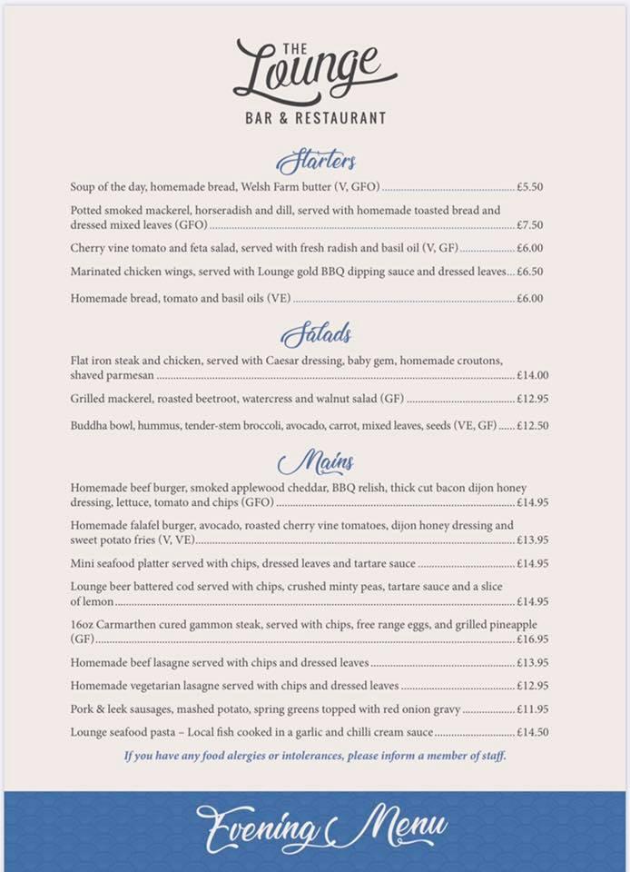 Menu at The Lounge restaurant, Milford Haven