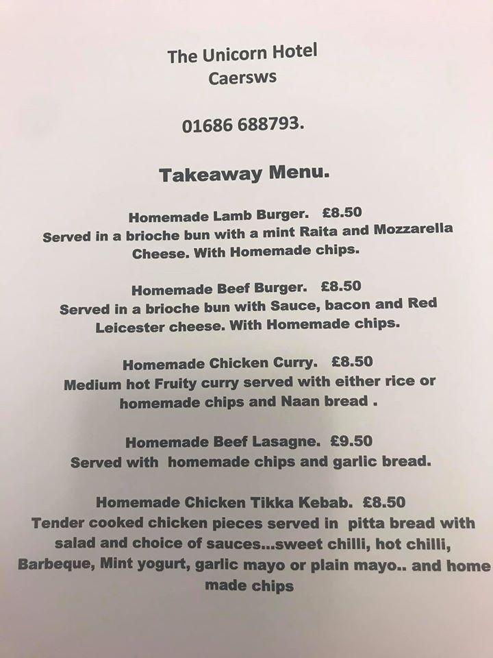 Menu at The Unicorn Bar & Restaurant, Caersws