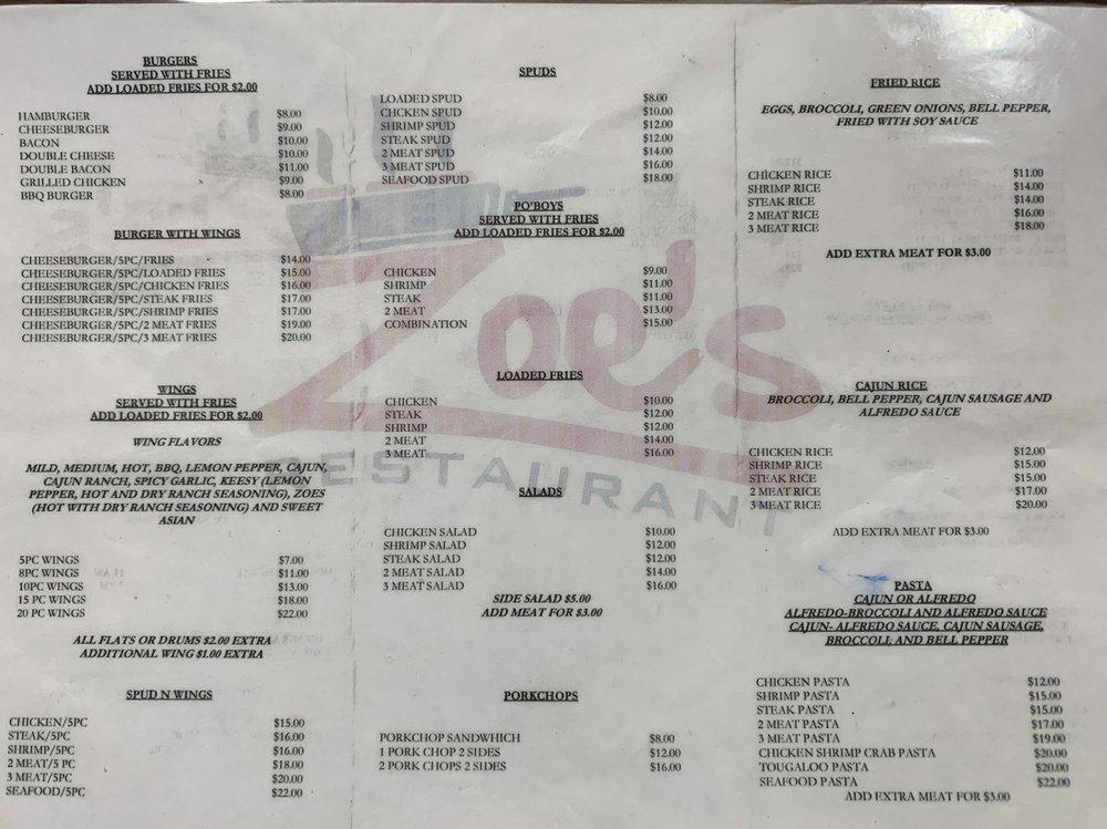 Menu at Zoe's Restaurant, Jackson, N State St