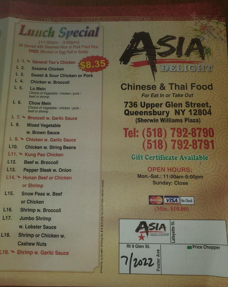 Menu at Asia Delight restaurant, Queensbury