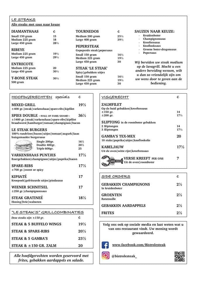 Menu at Bistro Le Steak, Berg en Dal