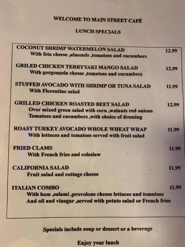 Menu at Main Street Cafe, New City