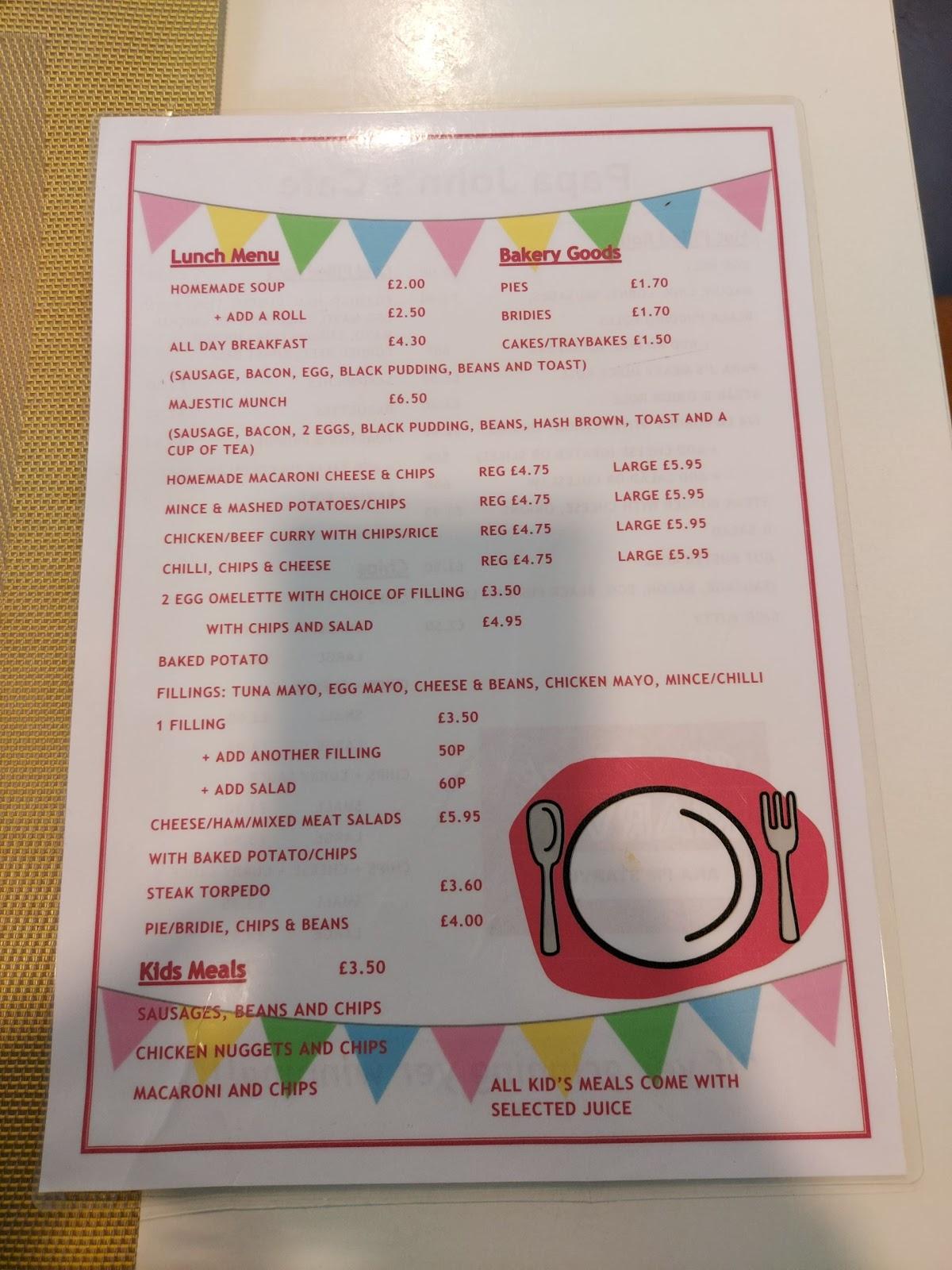 Menu at Papa John's Cafe, Arbroath