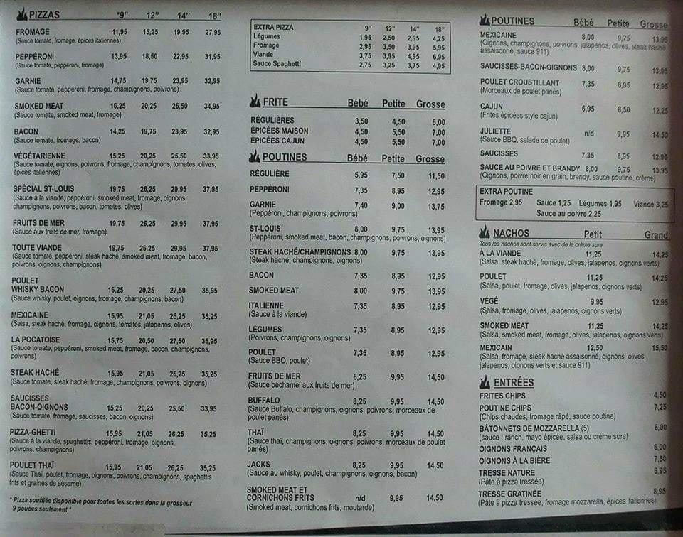 Menu at Pizzéria St-Louis restaurant, La Pocatière