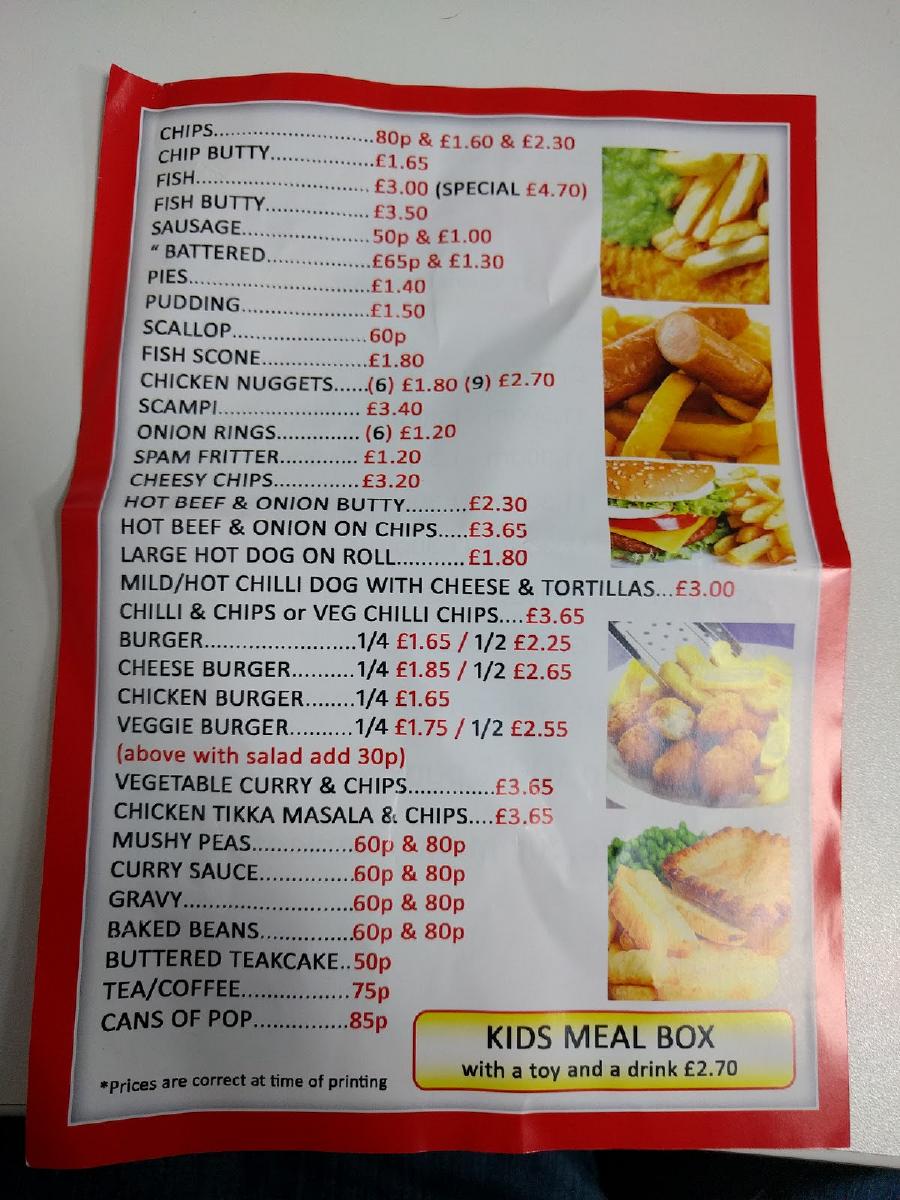 Menu at Quality Fish Bar, Barnoldswick