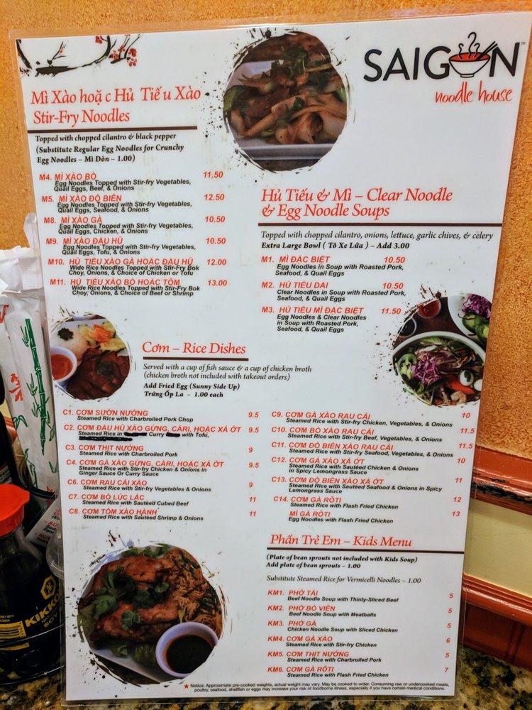Menu at Saigon Noodle House restaurant, Birmingham, US-280 #108