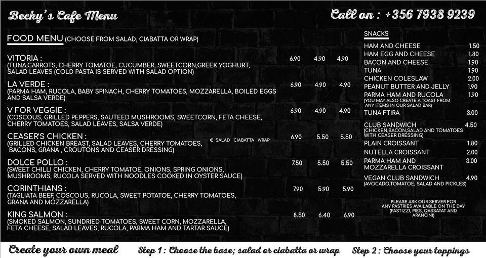 Menu at Becky's Kitchen restaurant, Naxxar