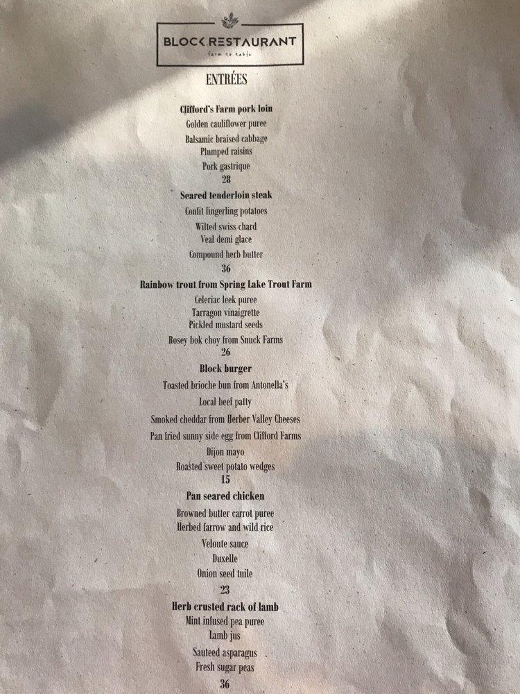 Carta de Block Restaurant, Provo