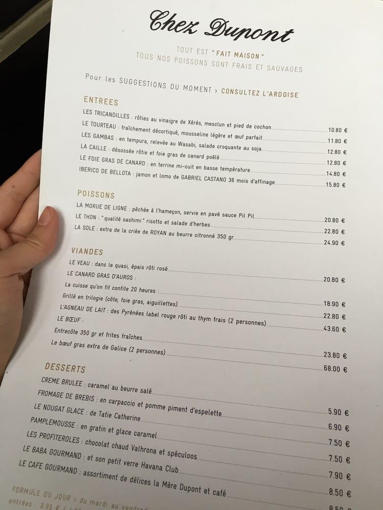 Menu at Chez Dupont restaurant, Bordeaux