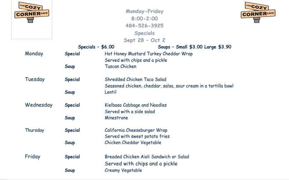 Menu at Cozy Corner Cafe’, Bethlehem