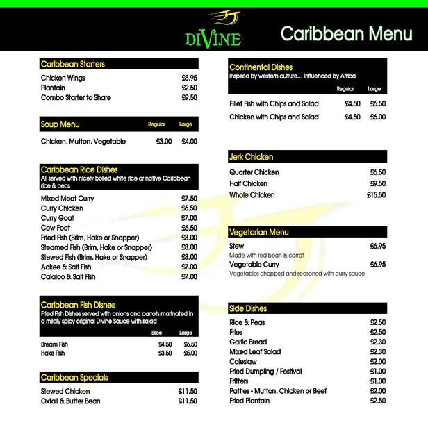 Menu at Divine African and Caribbean restaurant, Birmingham, 325 Soho Rd