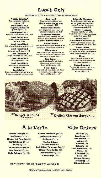 Menu at El Mexicano restaurant, Clover