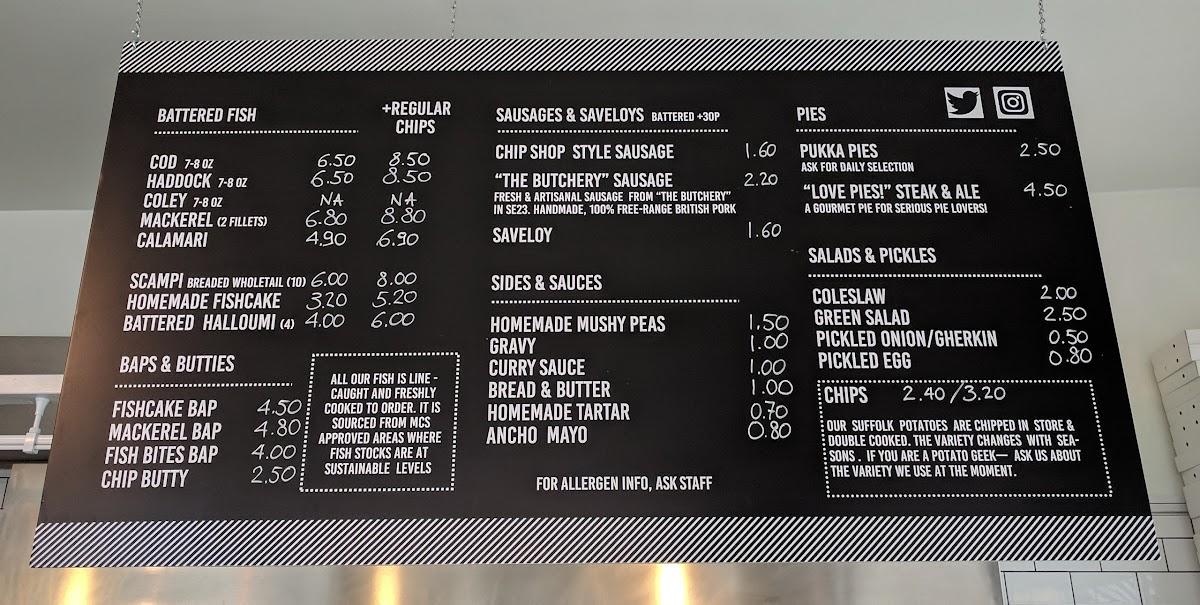 Menu at Fladda Fish & Chips restaurant, London