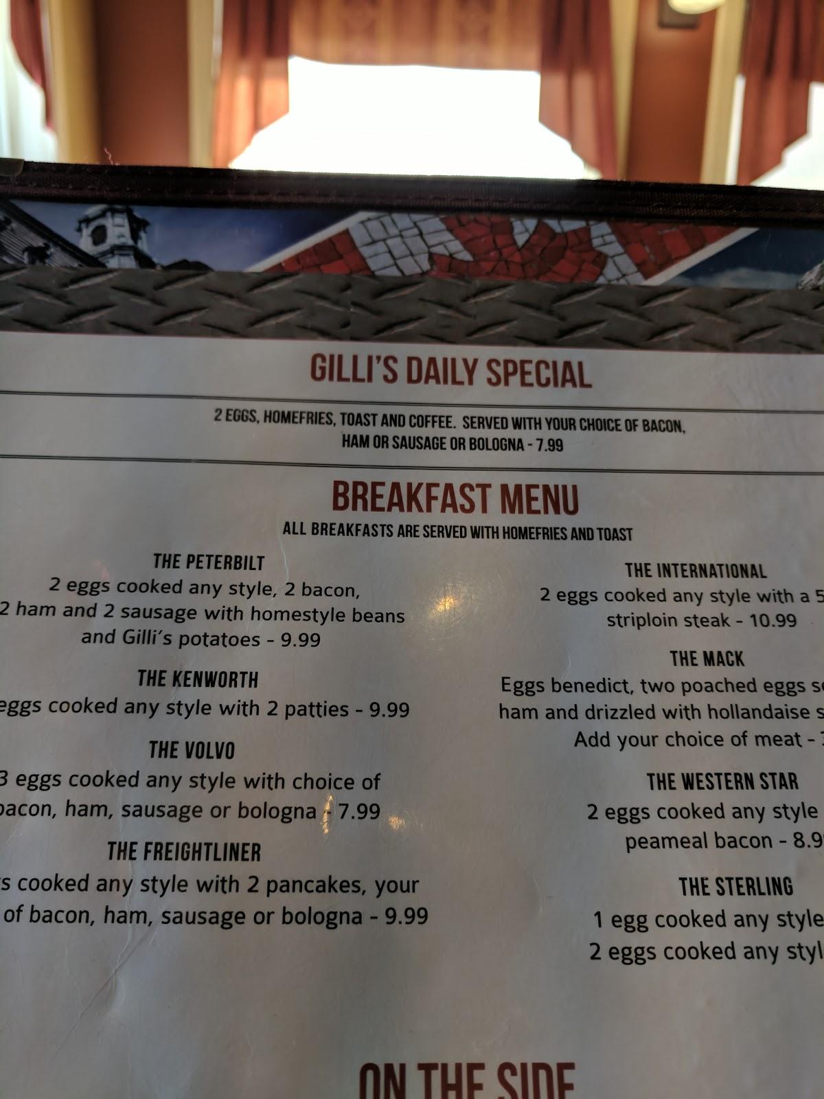 Menu at Gilli's restaurant, Temiskaming Shores