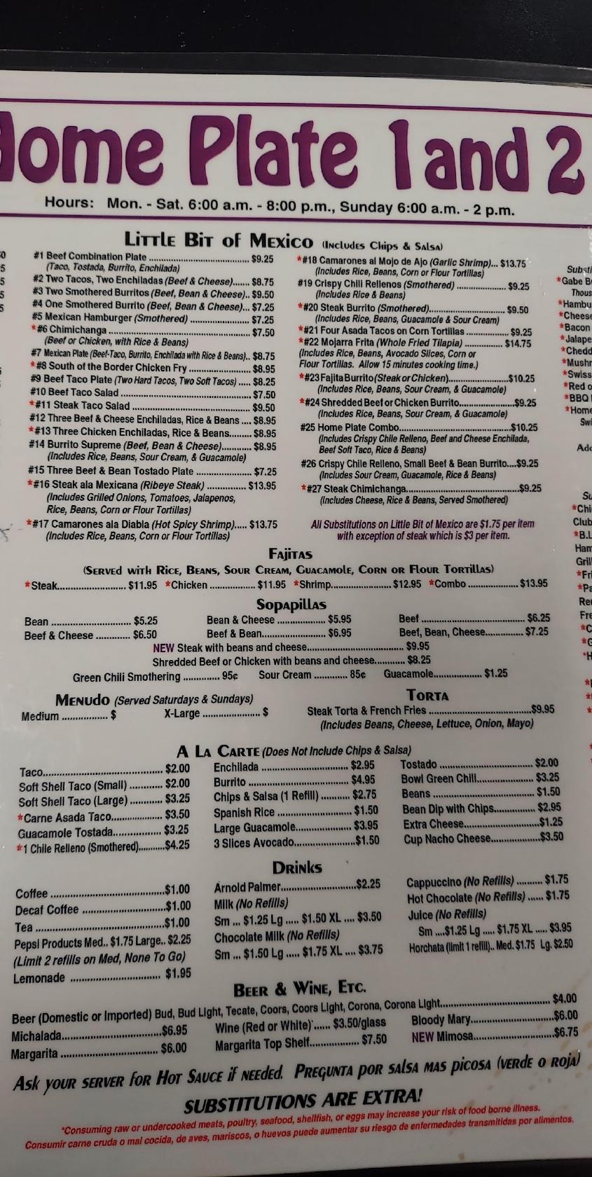 Menu at Home Plate Fort Morgan restaurant, Fort Morgan