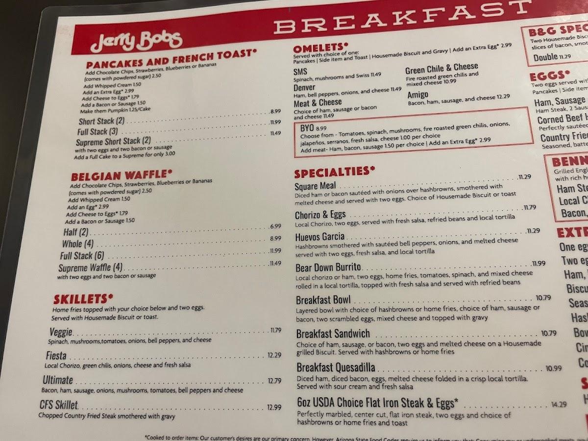 Menu at Jerry Bob's River restaurant, Tucson, W River Rd