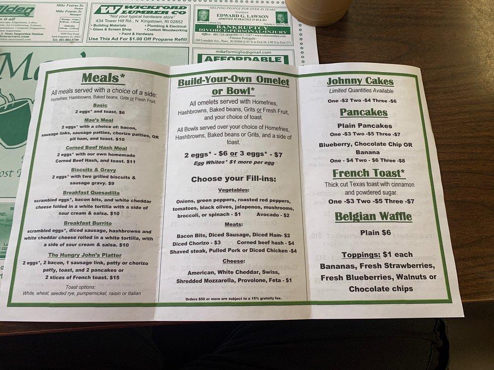 Menu at Mae's Place restaurant, North Kingstown