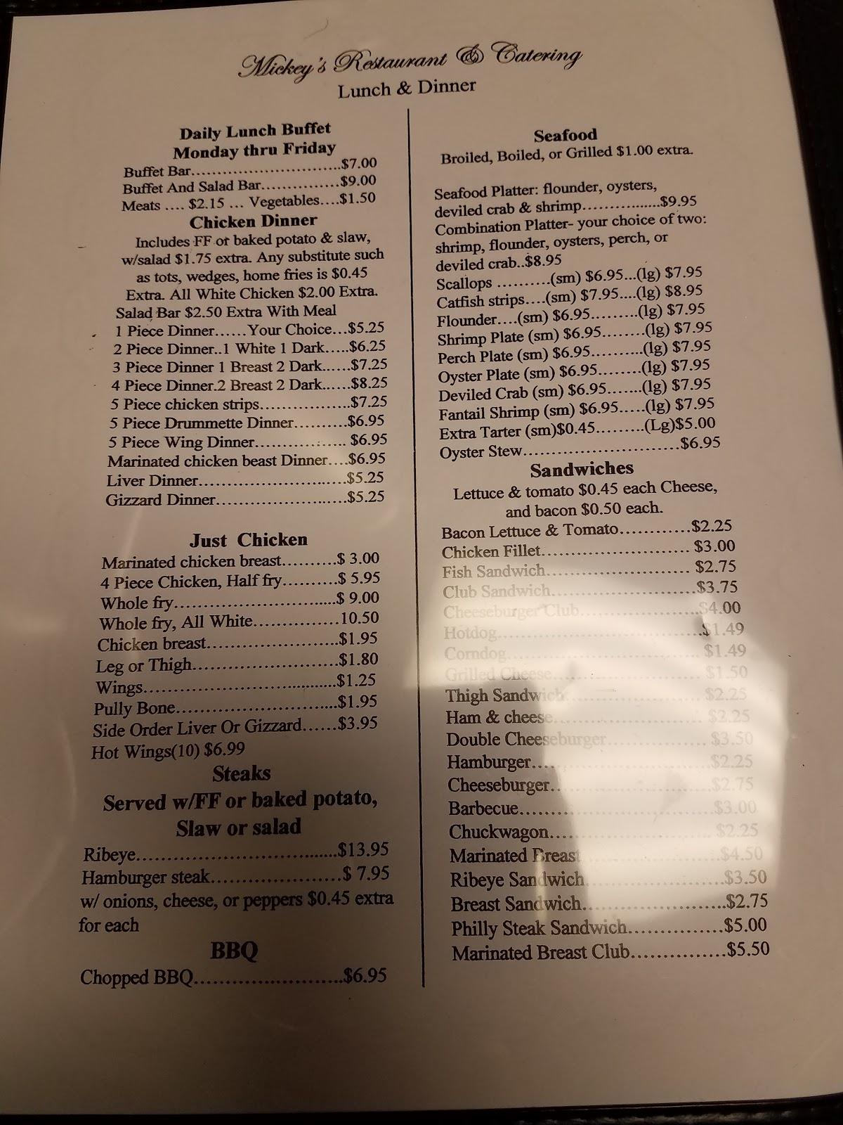 Menu at Mickey's restaurant, Pageland, 114 N Maple St