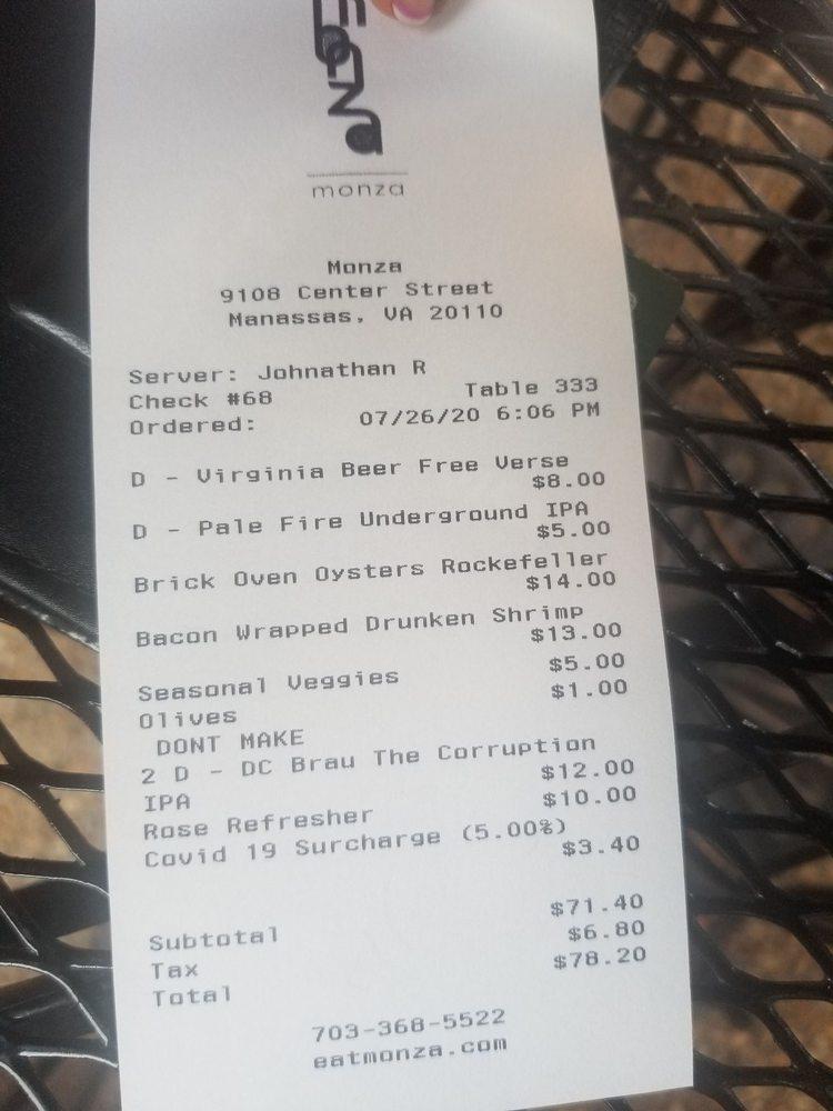 Menu at Monza pub & bar, Manassas, Battle St