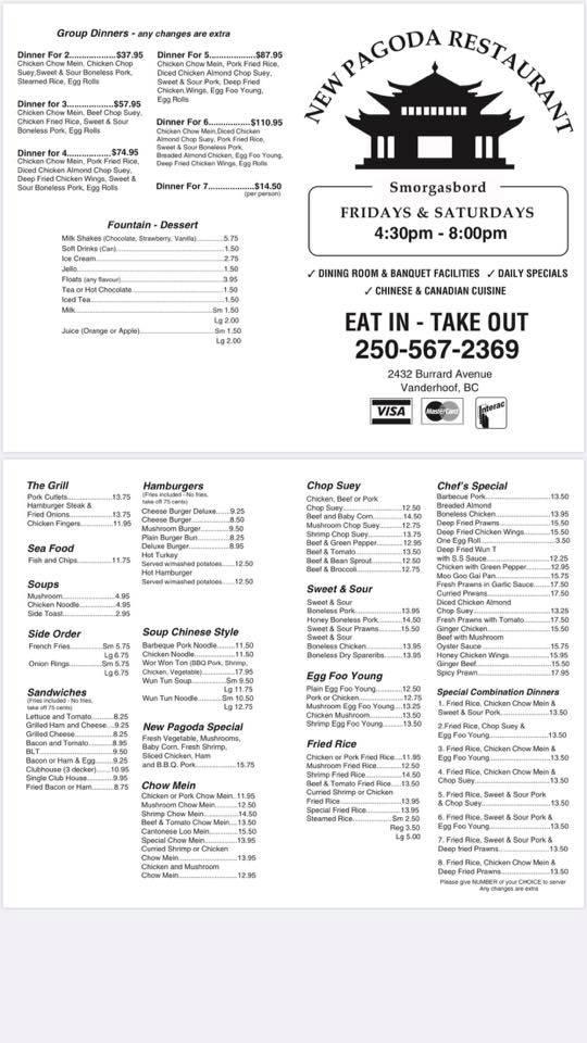 Menu at New Pagoda Restaurant, Vanderhoof