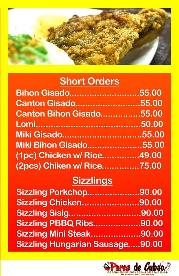 Menu at Pares De Cubao restaurant, Caloocan