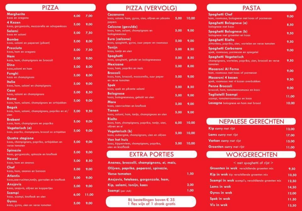 Menu at Rialto Pizzeria, Tienen, Leuvenselaan 111