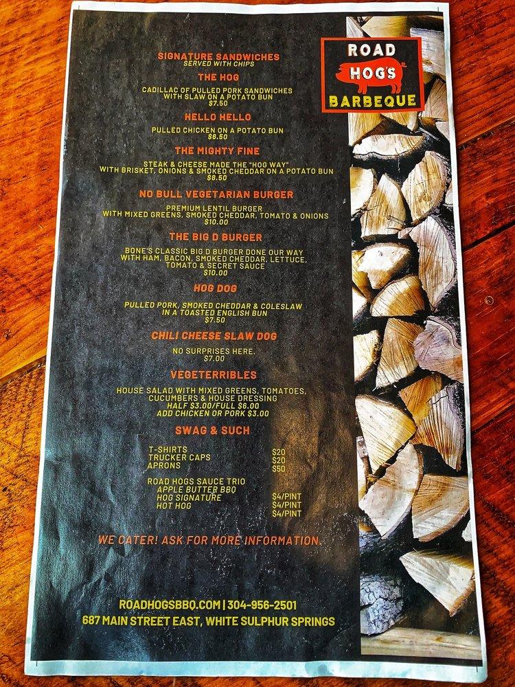 Menu at Road Hog's Barbeque, White Sulphur Springs