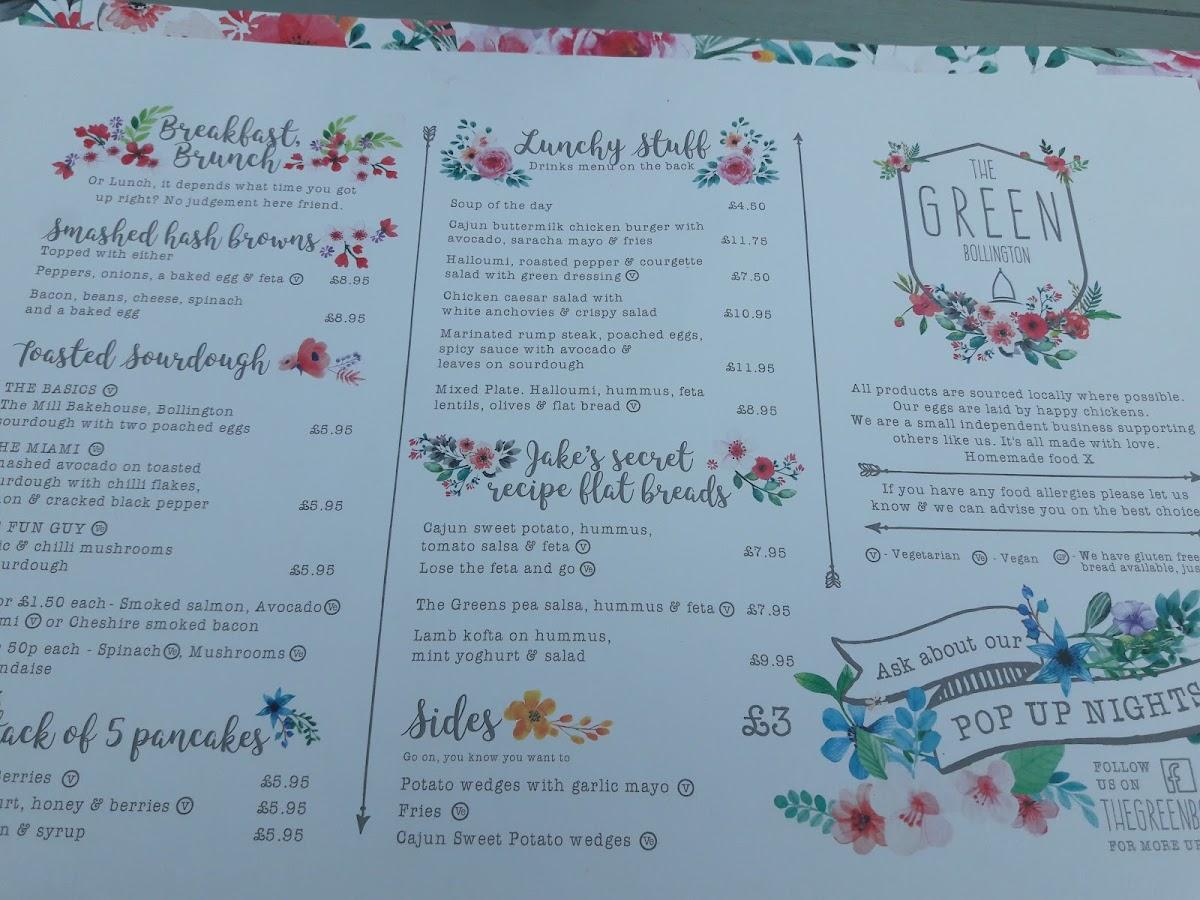 Menu at The Green Bollington cafe, Bollington