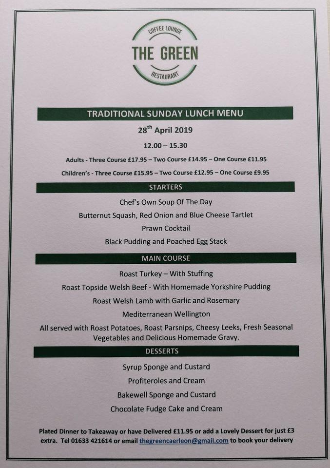 Menu at The Green cafe, Caerleon