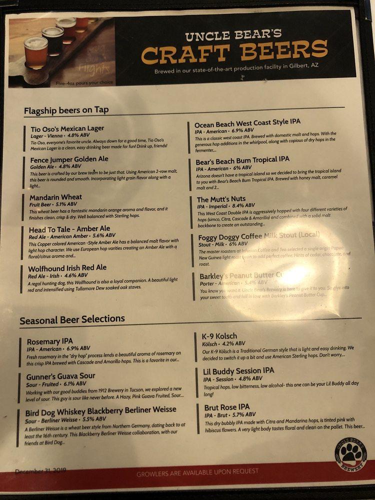 Menu at Uncle Bear's Grill & Tap - Greenfield pub & bar, Mesa, S ...