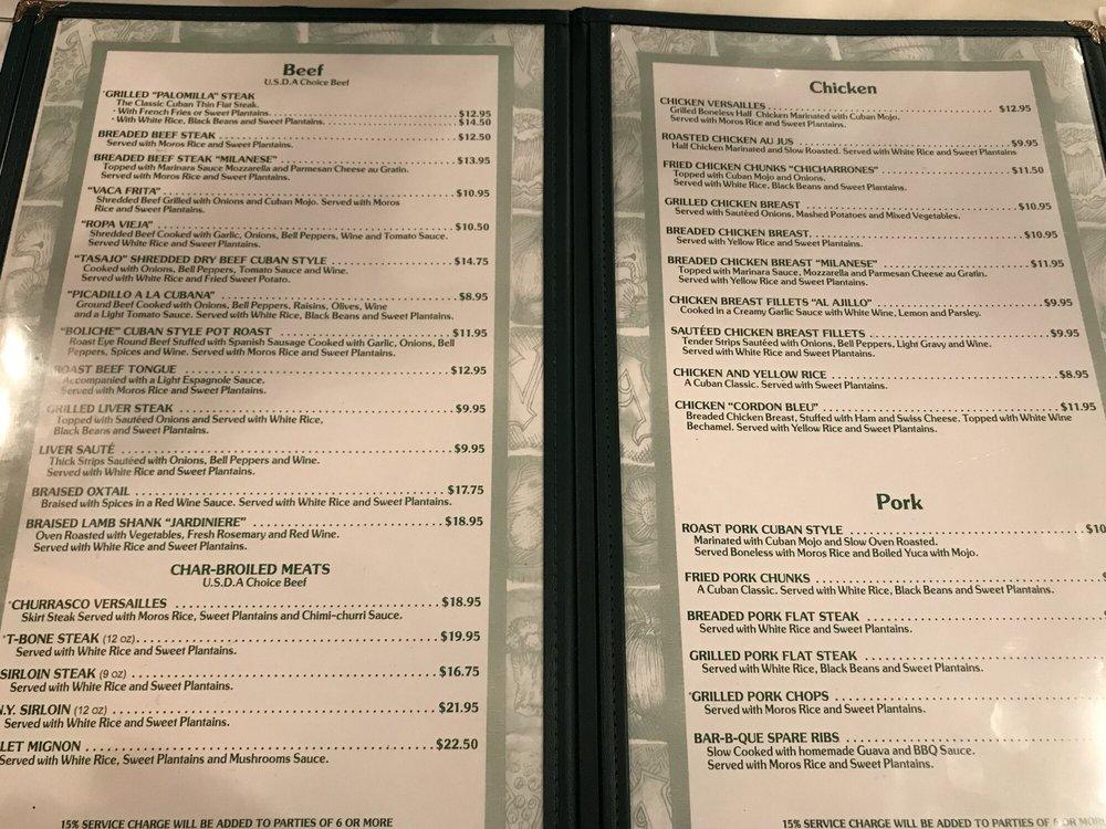 Menu at Versailles Cuban Bakery, Miami