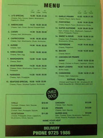 Menu at JJs Pizza restaurant, Eaton