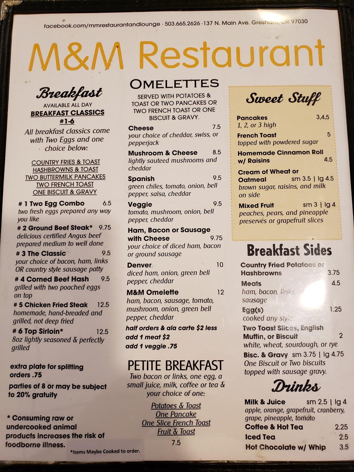 Menu at M & M Restaurant & Lounge, Gresham