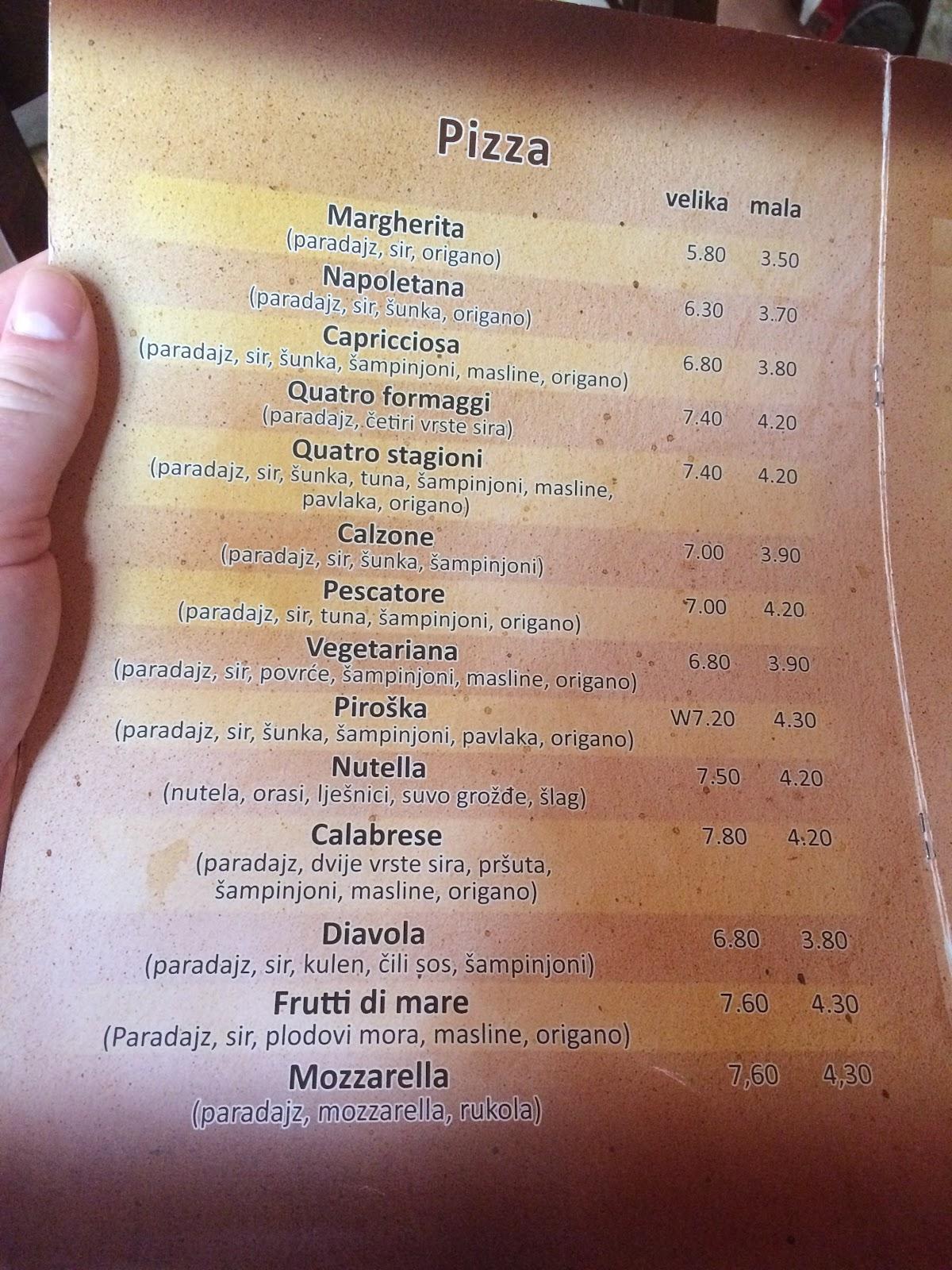 Menu at Pizzeria Calabria, Podgorica