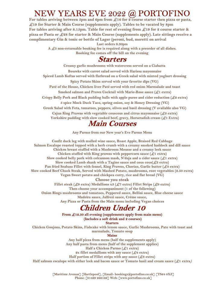 Menu at Portofino restaurant, Hartlepool