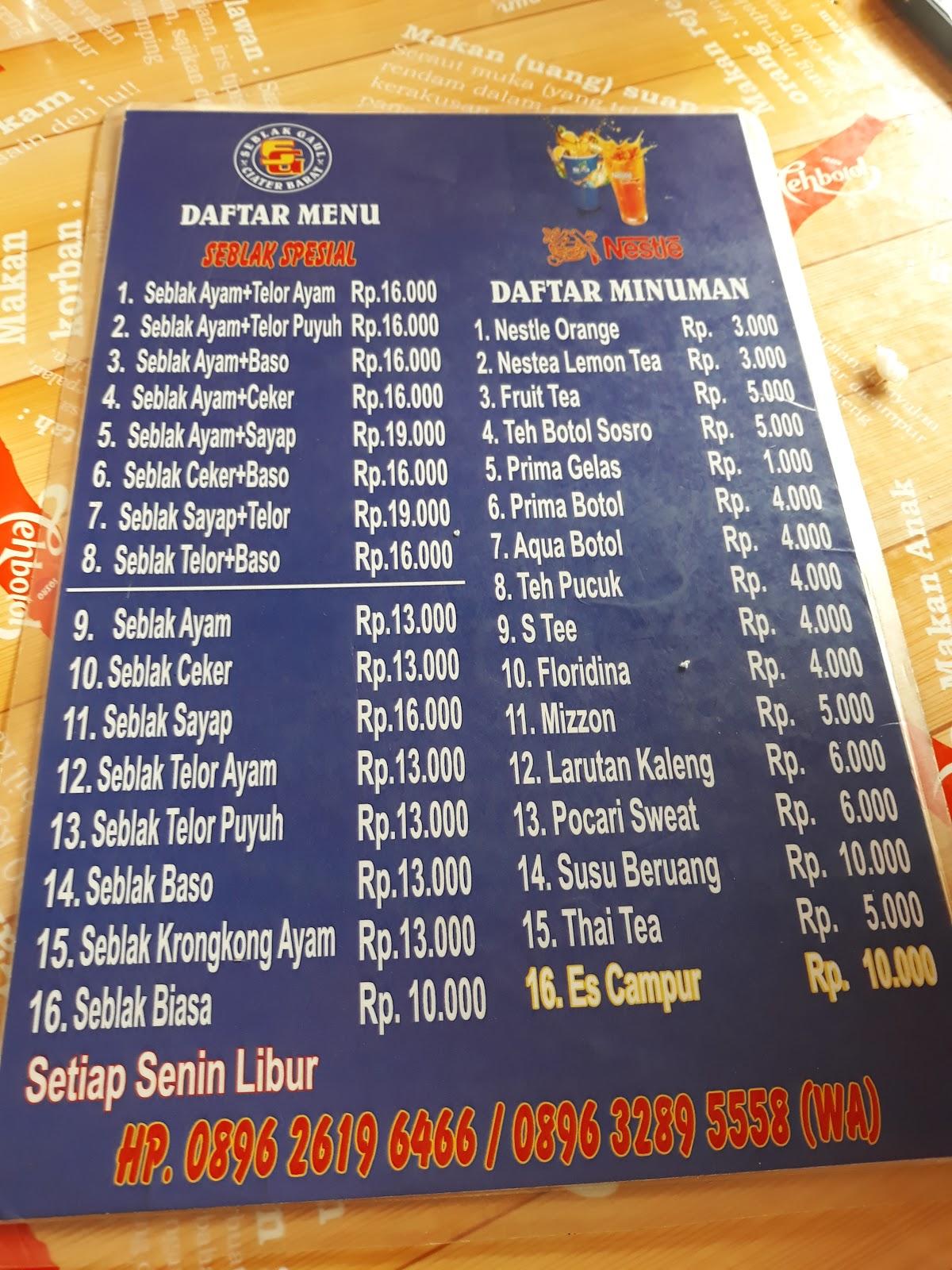 Menu at Seblak Gaul restaurant, South Tangerang