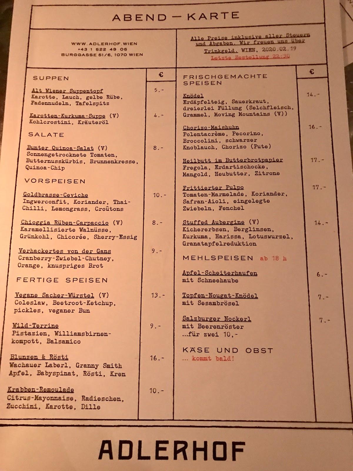 Menu at Adlerhof - Café, Bistro & Bar, Vienna