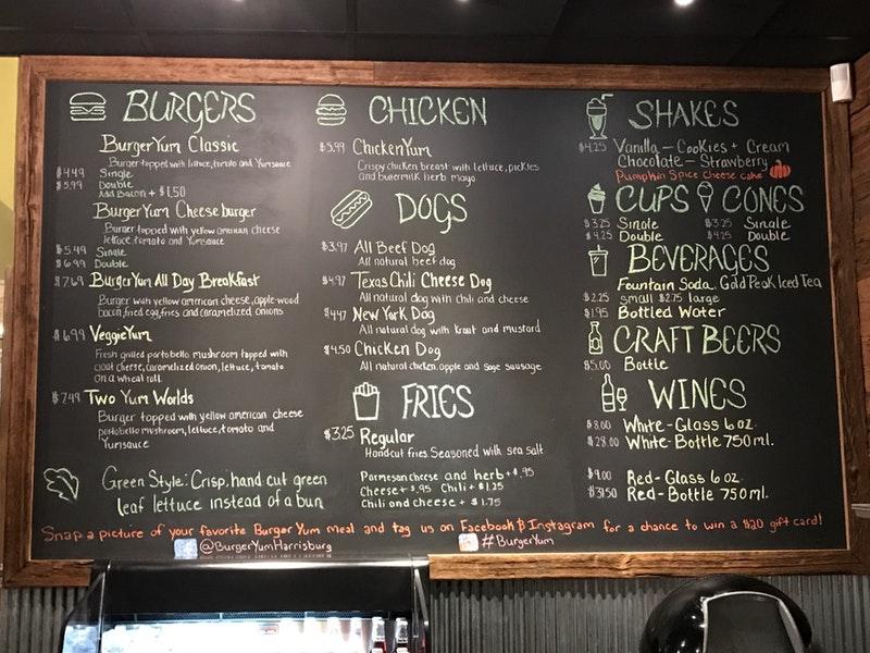 Menu at Burger Yum restaurant, Harrisburg