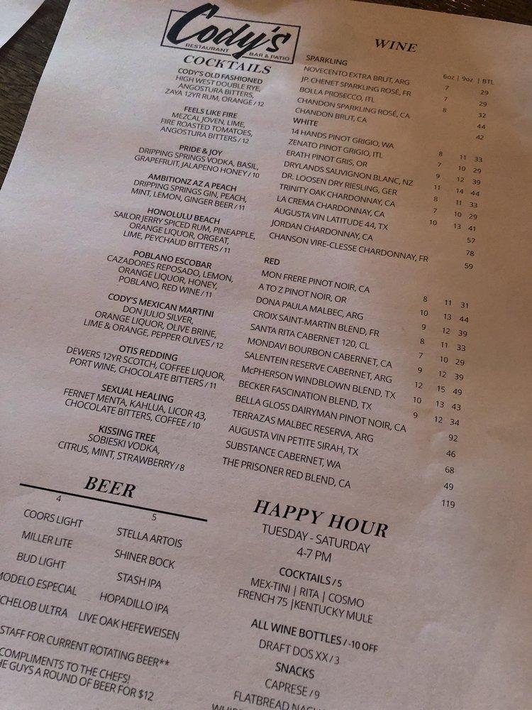 Menu at Cody's Restaurant Bar & Patio, San Marcos