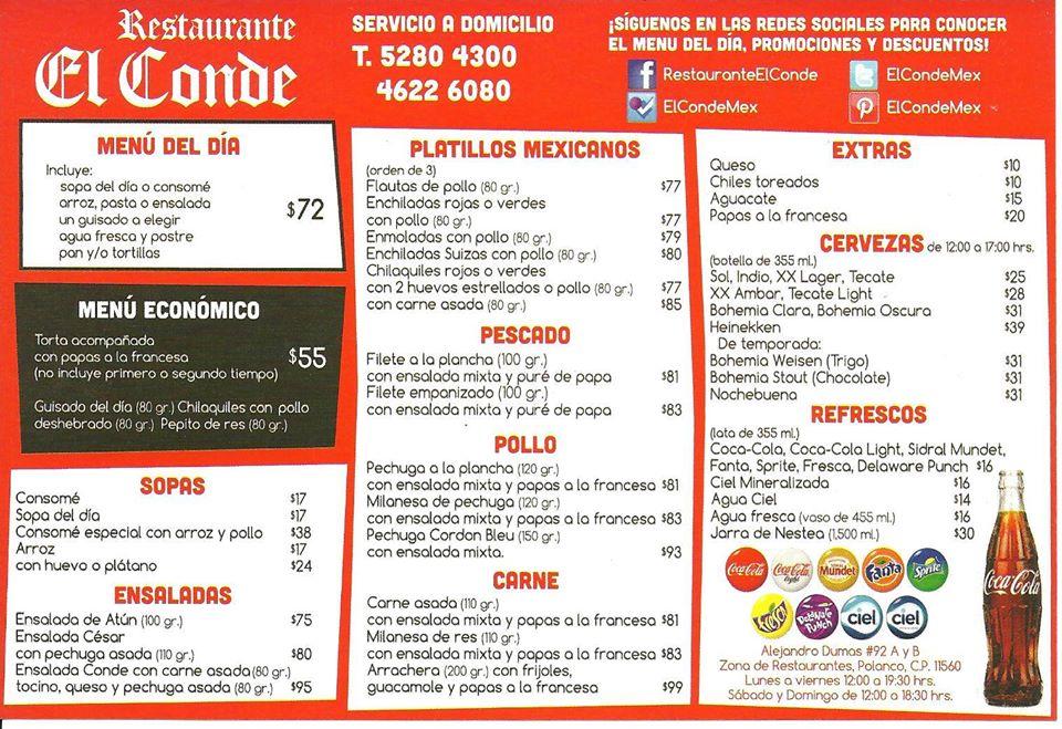 Menu at El Conde restaurant, Mexico City, Alejandro Dumas 92