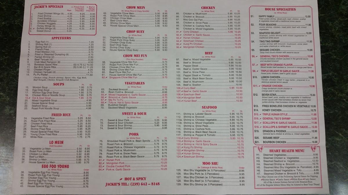 Menu at Jackie's Chinese Restaurant, Marco Island