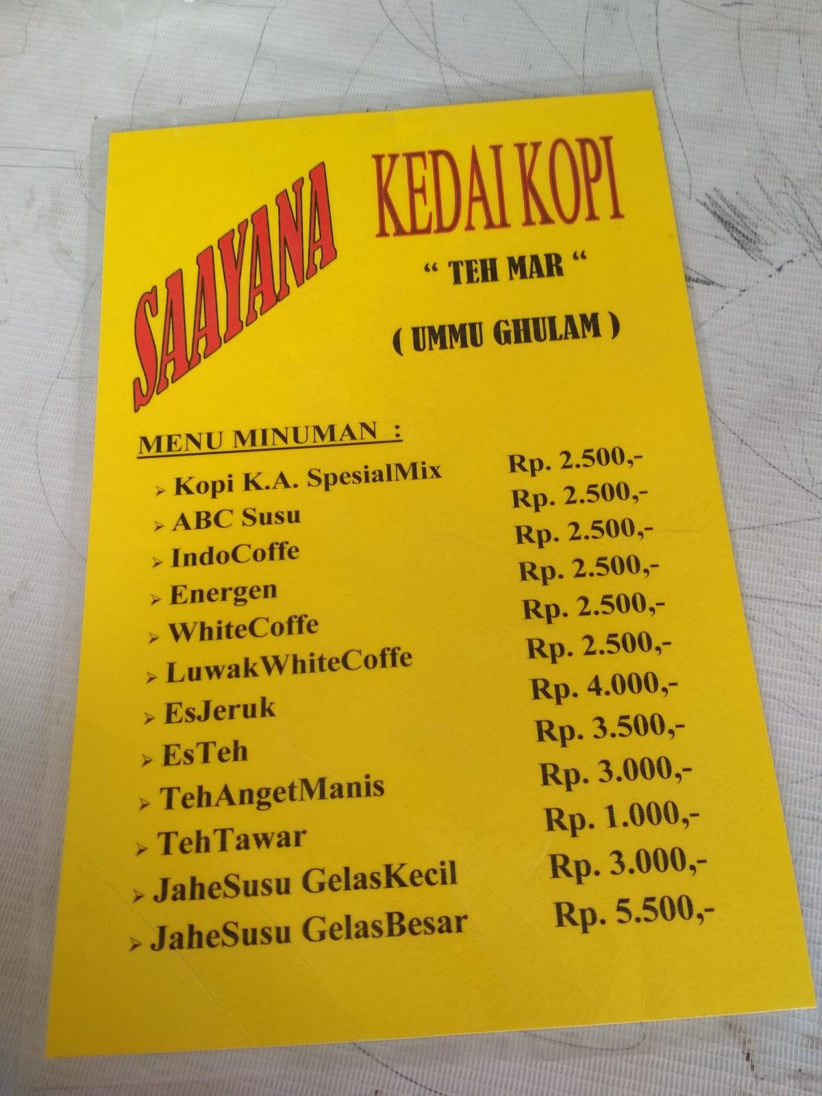Menu at Kedai Kopi SA AYANA TEH MAR ( UMMU GHULAM), Purwokerto