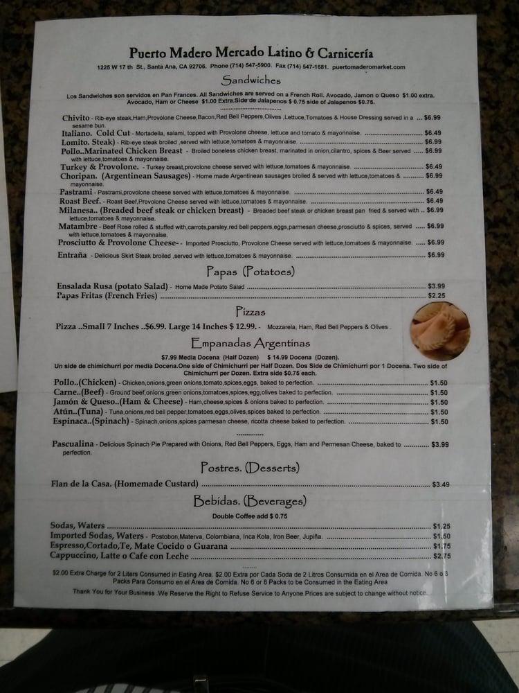 Menu at Puerto Madero restaurant, Santa Ana, W 17th St