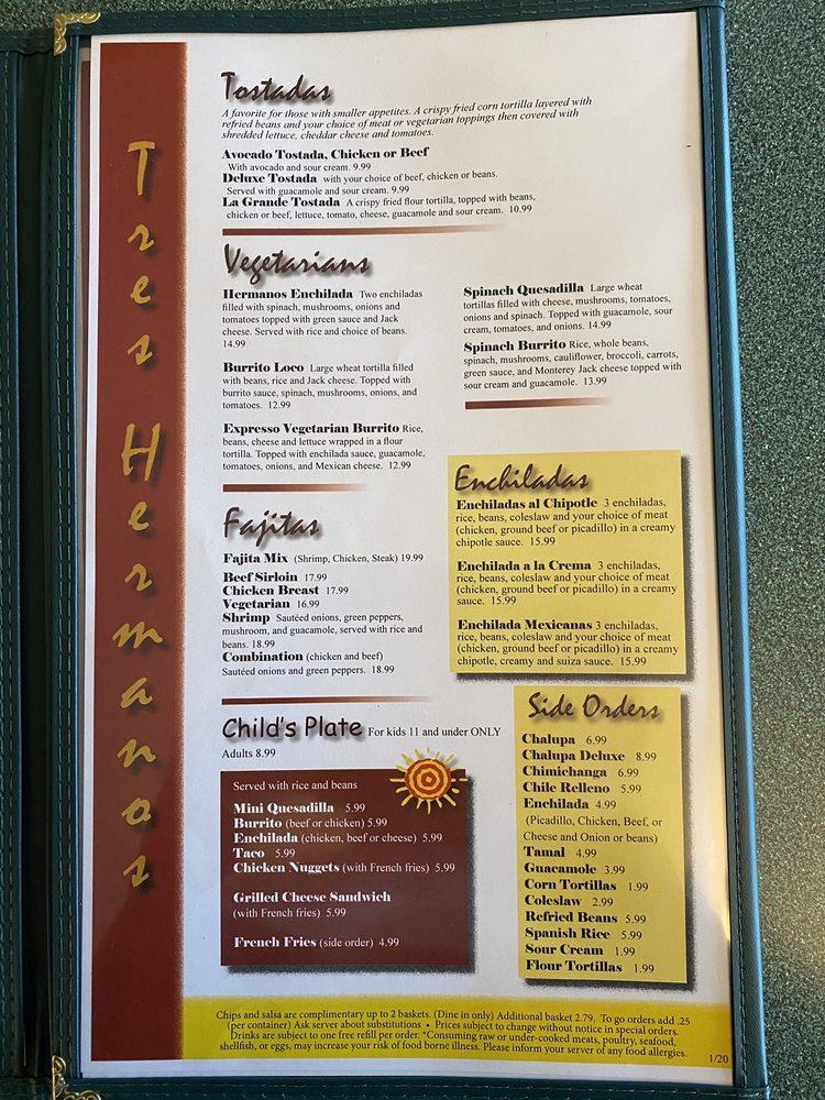 Menu at Tres Hermanos restaurant, Marysville