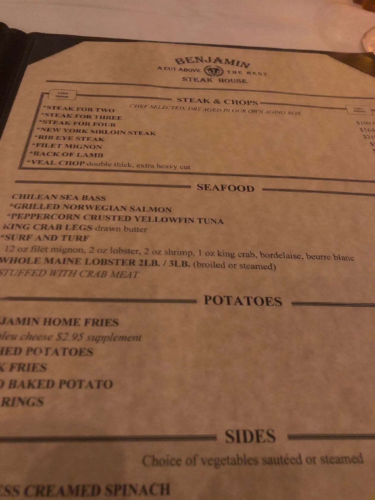 Menu at Benjamin Steakhouse, West New York, 52 E 41st St