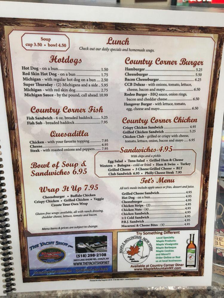 Menu at Cozy corner diner restaurant, West Chazy, 146 Fiske Rd
