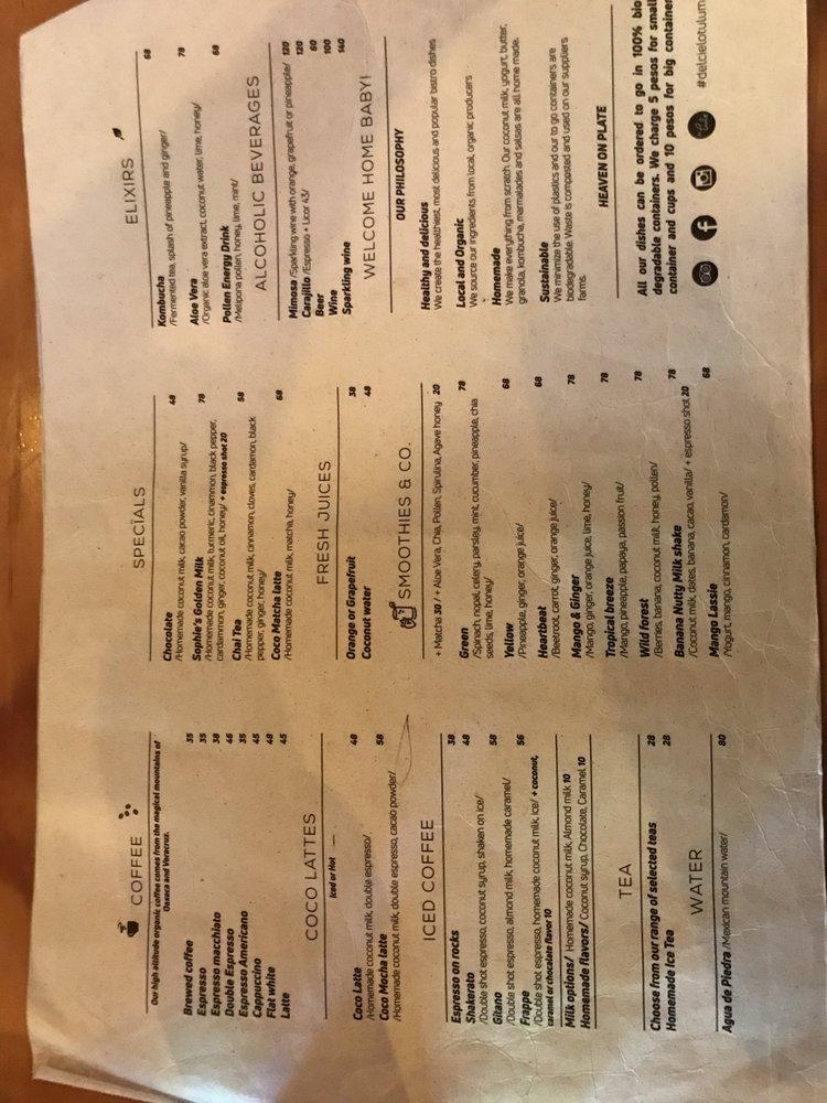 Menu at DelCielo cafe, Tulum, Satélite Sur 5